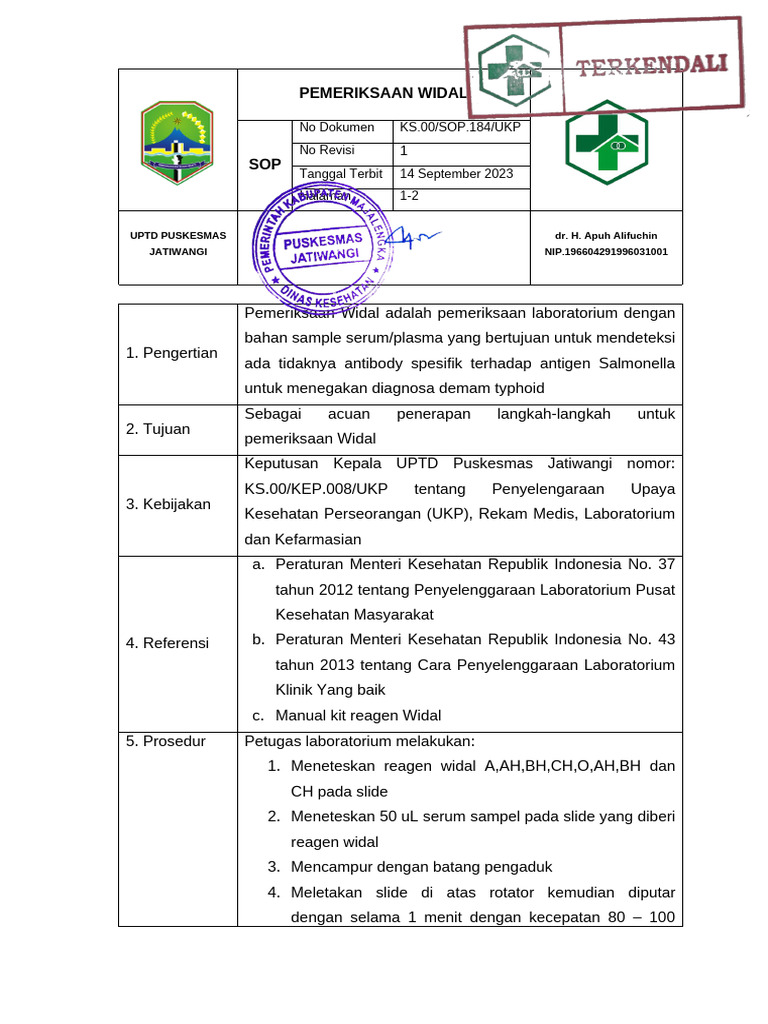 Sop Pemeriksaan Widal | PDF