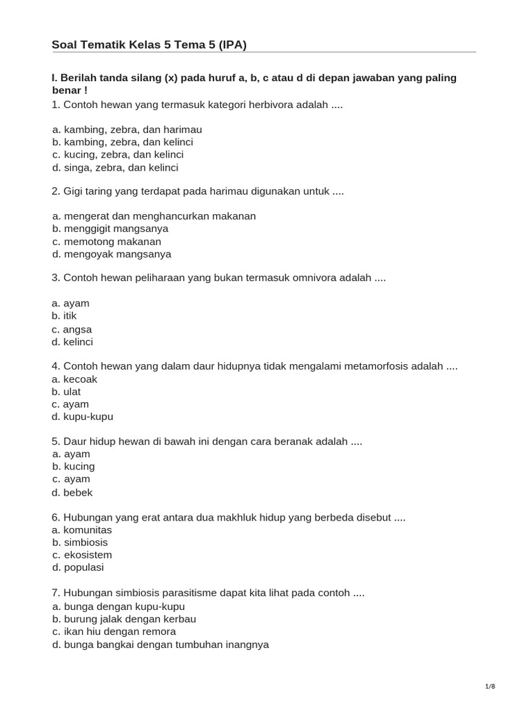 Soal Latihan Kelas 5 Tema 5 Mapel IPA Dan Kunci Jawaban | PDF