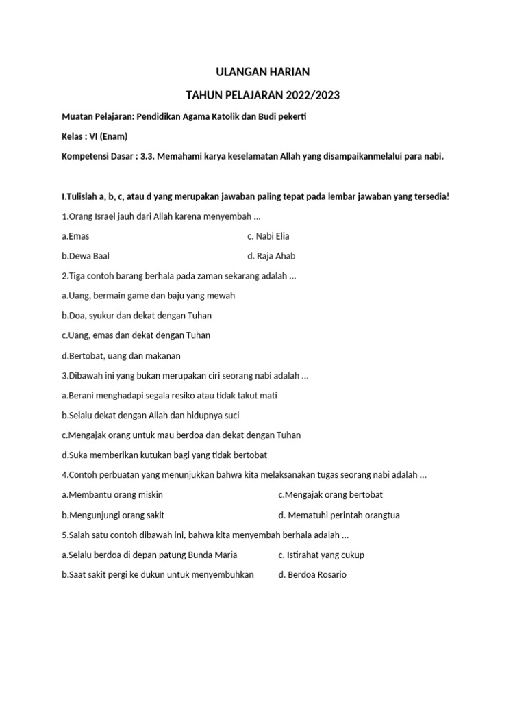 ULANGAN HARIAN Agama Kelas 6 | PDF