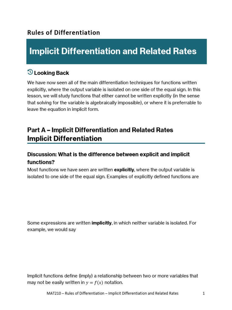 MAT210 - 2.3 - Implicit Differentiation and Related Rates v.2 | PDF ...