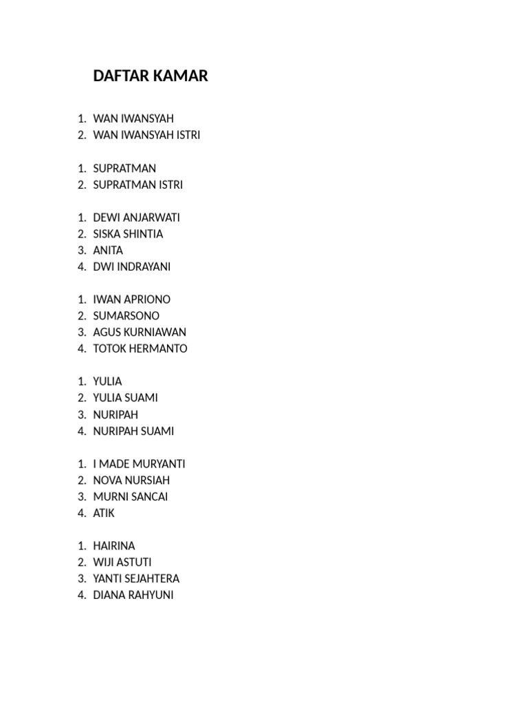 Daftar Kamar Outbond | PDF