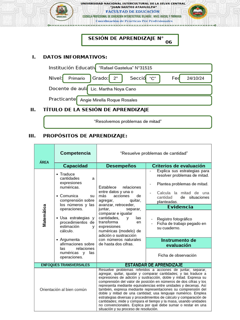 Sesión de Aprendizaje N6 Matematica | PDF | Evaluación | Aprendizaje