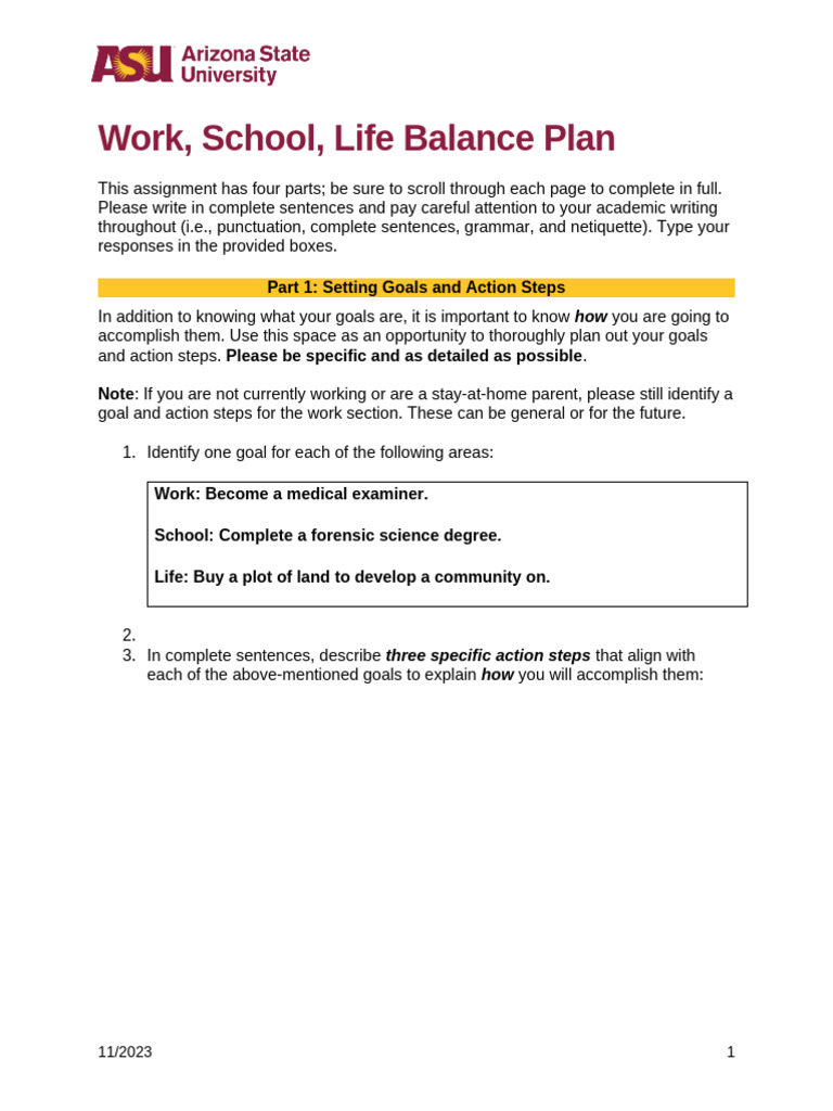 Work, School, Life Balance Plan (11.2023) | PDF