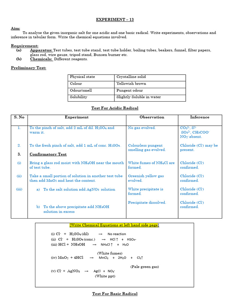 Salt Analysis Chemistry Practical (Exp 13 - 17) | PDF | Salt (Chemistry ...