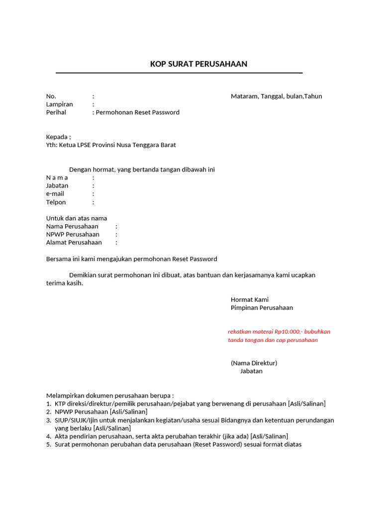 Surat Permohonan Reset Password | PDF