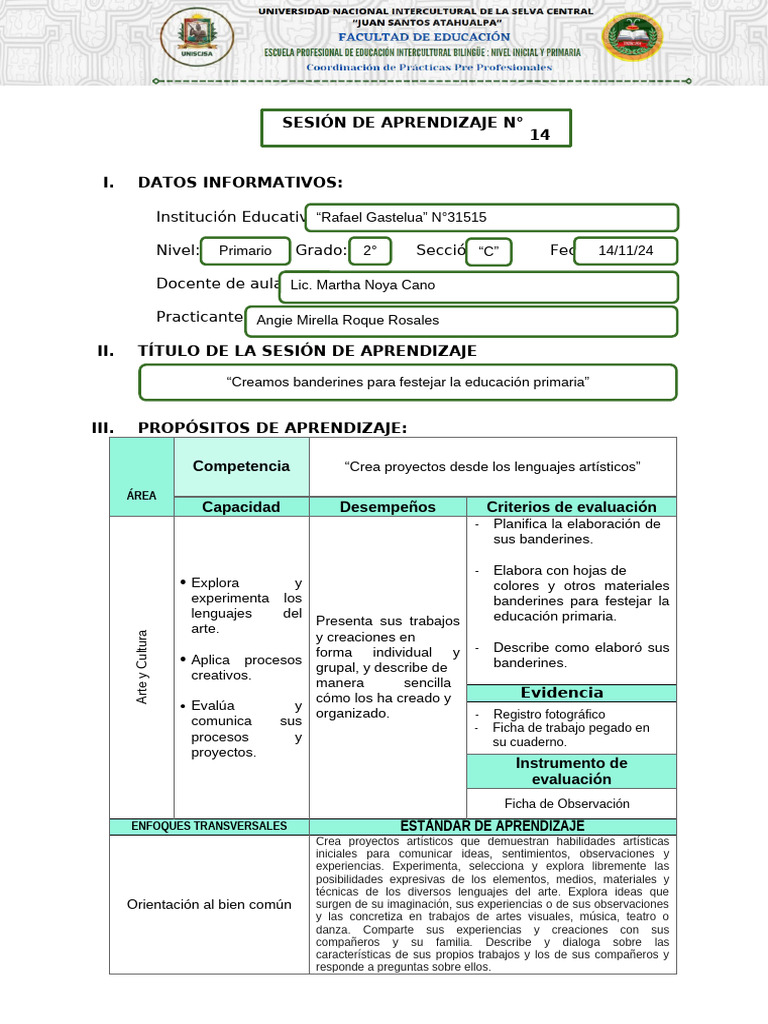 Sesión de Aprendizaje N14 Arte y Cultura | PDF | Evaluación | Aprendizaje