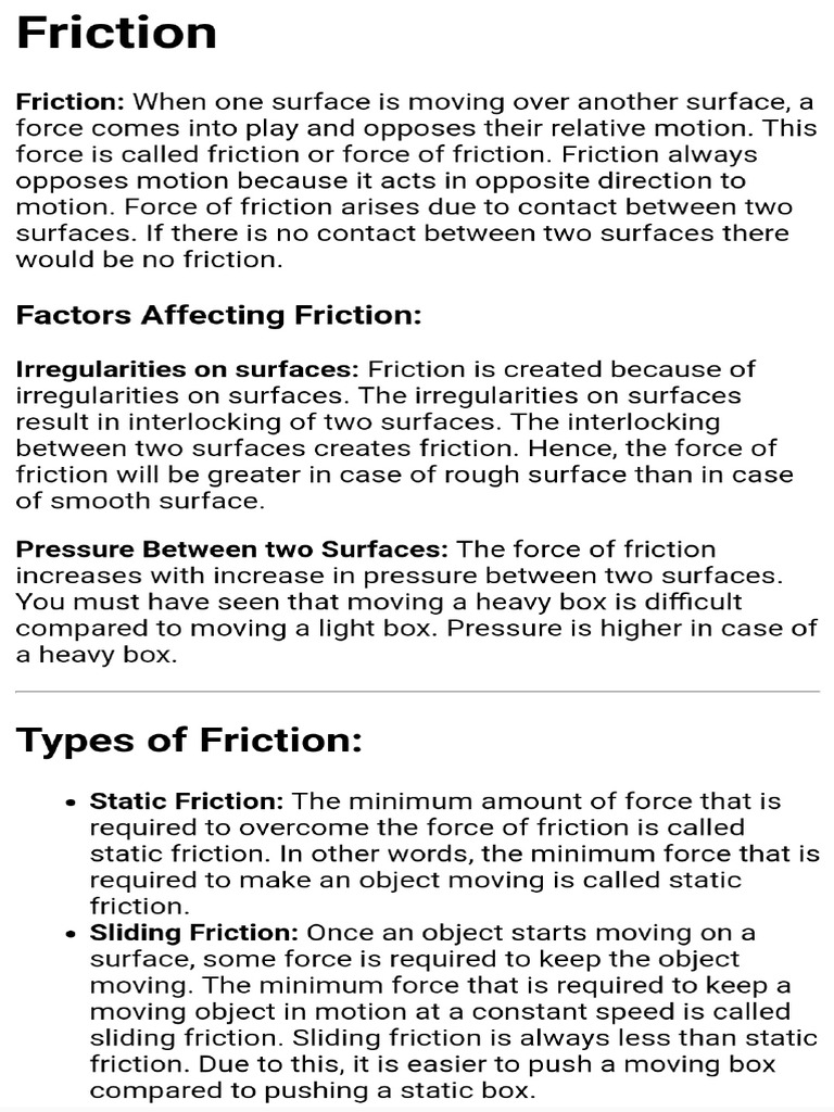 Friction (Class 8th | PDF