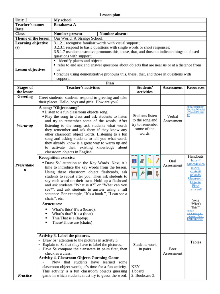 Grade 3 Lesson: Classroom Objects | PDF | Classroom | Question