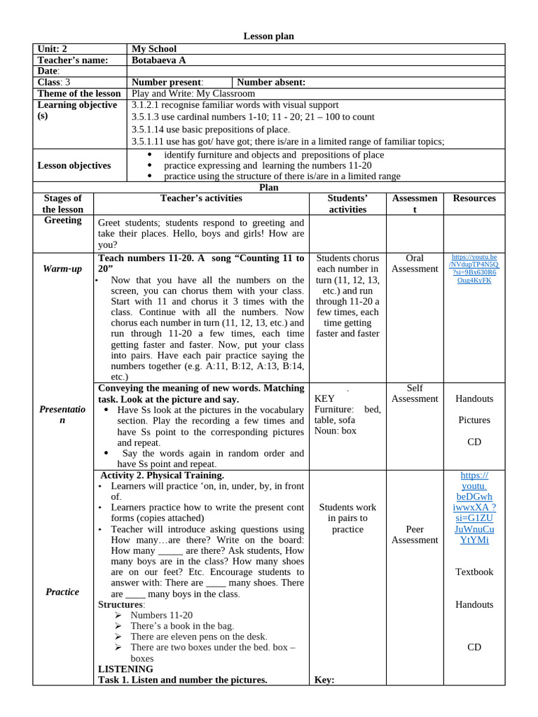 Classroom Vocabulary & Numbers Lesson | PDF | Educational Assessment ...