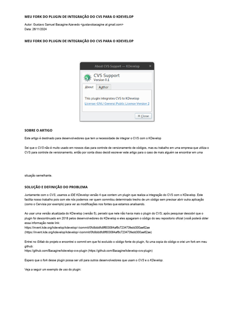 Meu Fork Do Plugin de Integração Do CVS para o KDevelop (Artigo) | PDF