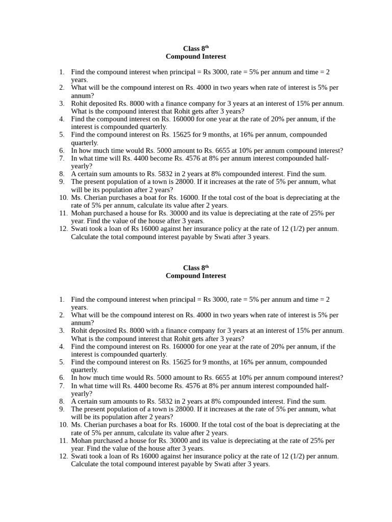 Class 8 Compound Interest Problems | PDF | Compound Interest | Interest