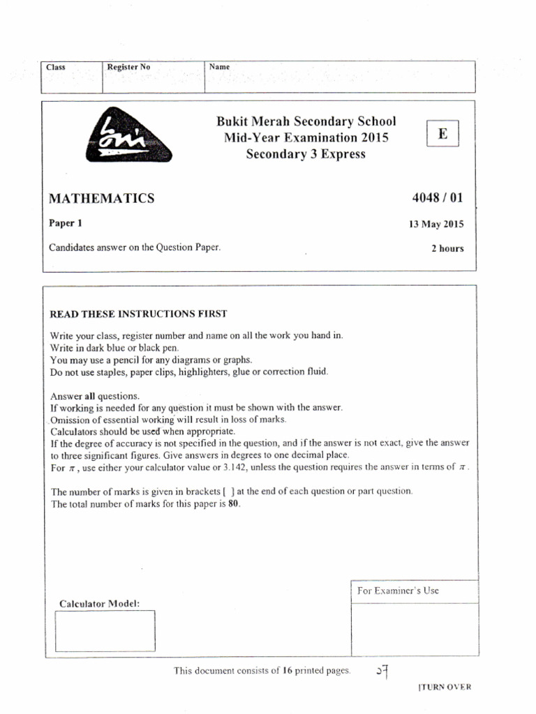 Sec 3 Math 2015 Bukit Merah Sec | PDF