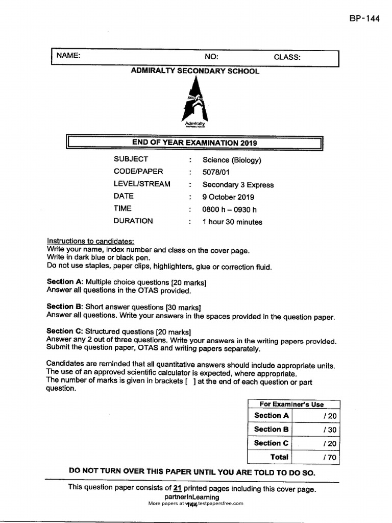 Sec3 Sci Bio 2019 SA2 Admiralty | PDF