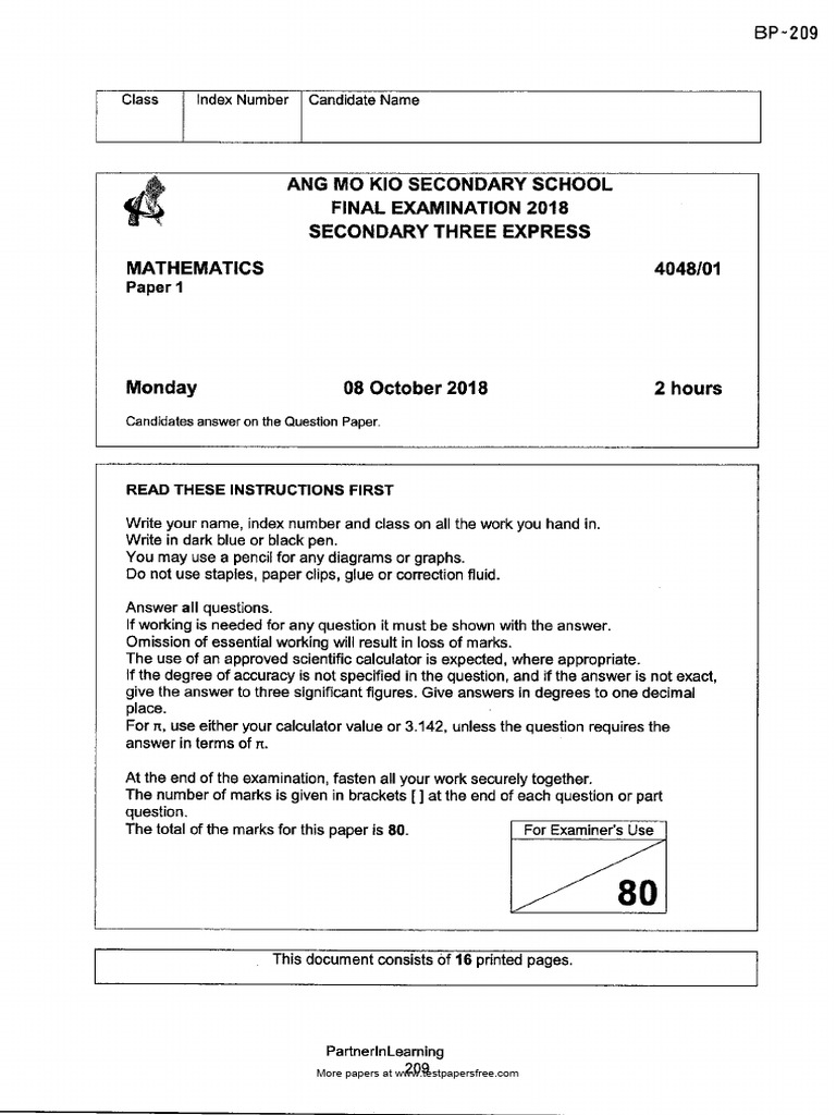 Sec3 EMaths 2018 SA2 Angmokio | PDF
