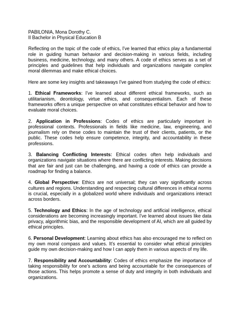 Prof Educ 3 - PABILONIA - Reflection | PDF | Morality