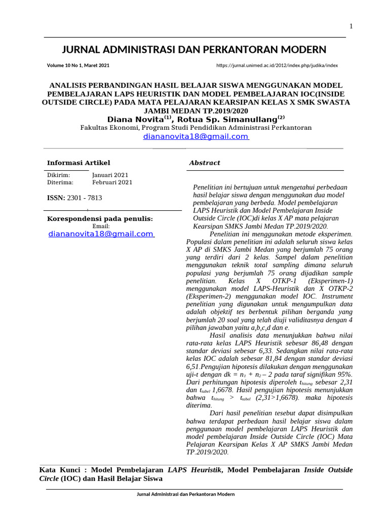 Jurnal Administrasi Dan Perkantoran Modern: Diana Novita, Rotua Sp. Simanullang | PDF