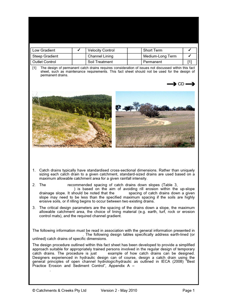 Earth-Lined Catch Drains Design Guide | PDF | Erosion | Discharge ...
