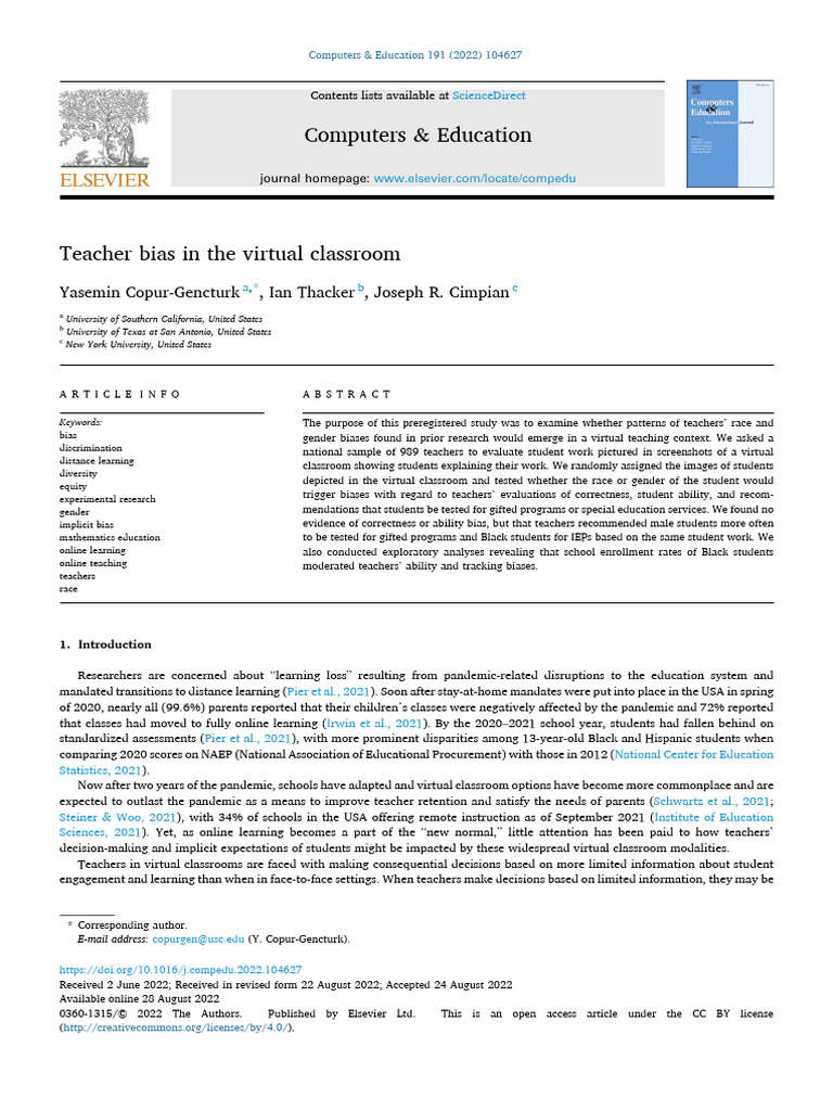 Teacher Bias in The Virtual Classroom - 2022 - Computers - Education | PDF | Bias | Sampling ...