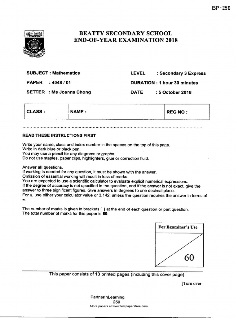 Sec3 EMaths 2018 SA2 Beatty | PDF