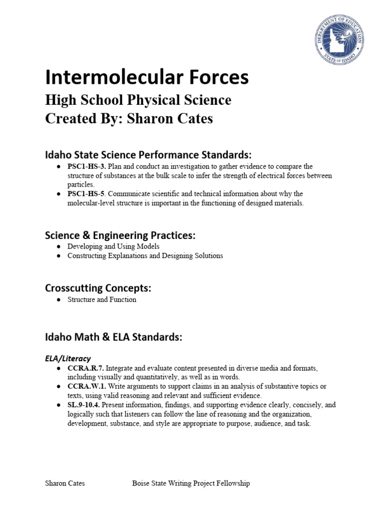 Intermolecular Forces Lesson Plan | PDF | Chemical Polarity | Phase ...