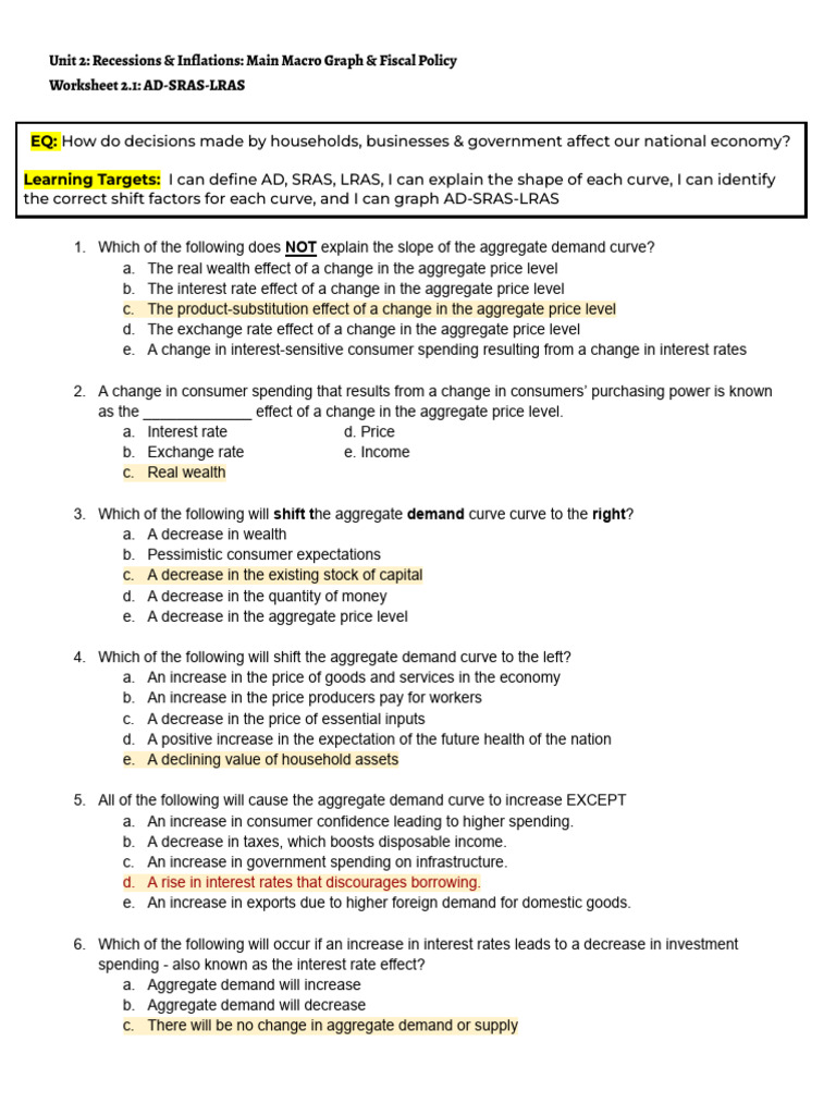 AD-SRAS-LRAS Worksheet Guide | PDF | Aggregate Demand | Supply (Economics)
