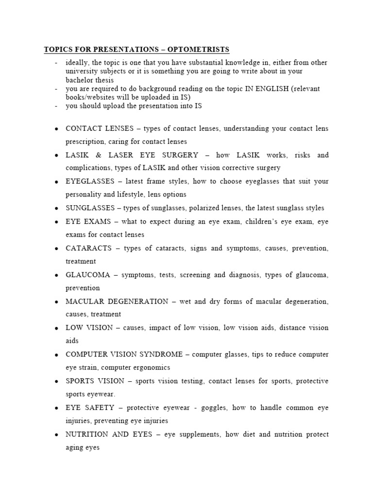 Topics For Presentations For Optometrists | PDF | Glasses | Contact Lens