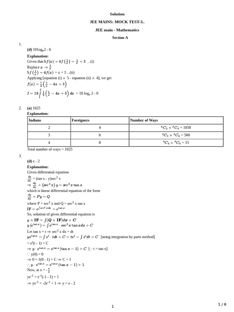 JEE Mains Mock Test 3 Solutions | PDF | Equations | Mathematical Concepts