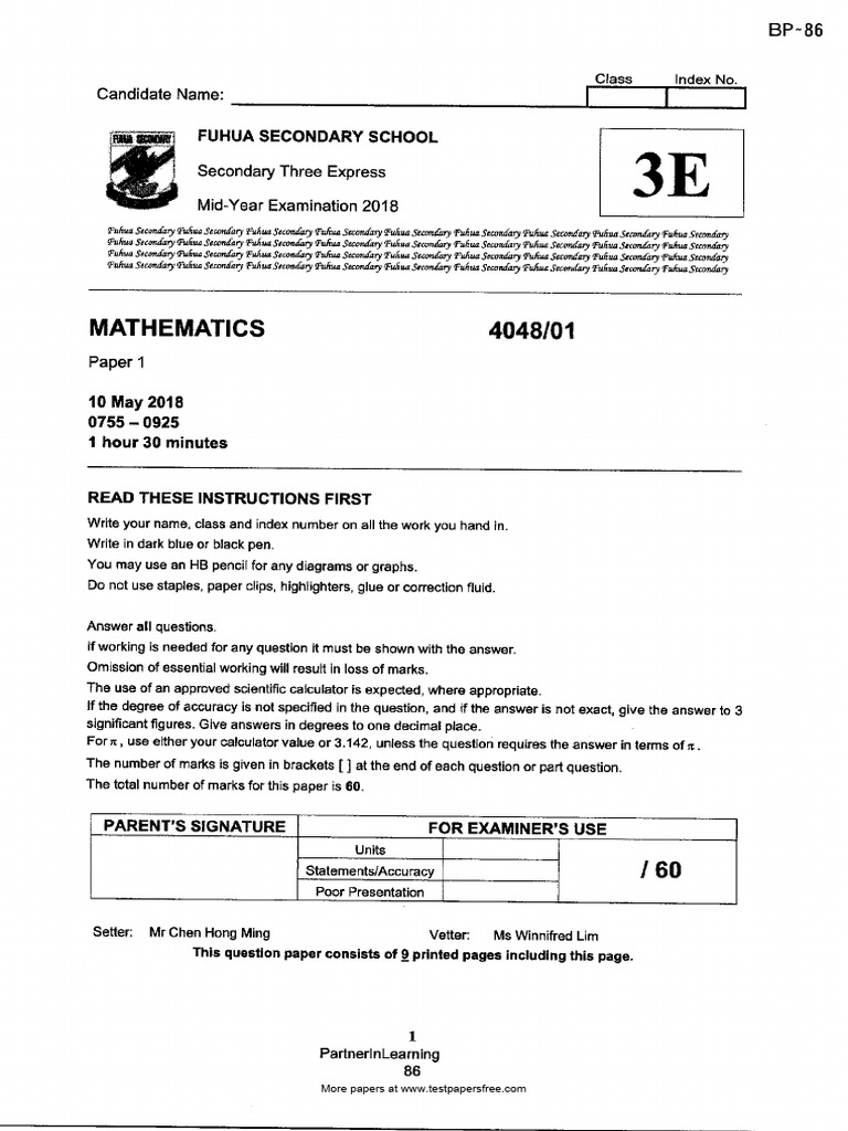 Sec3 EMaths 2018 SA1 Fuhua | PDF