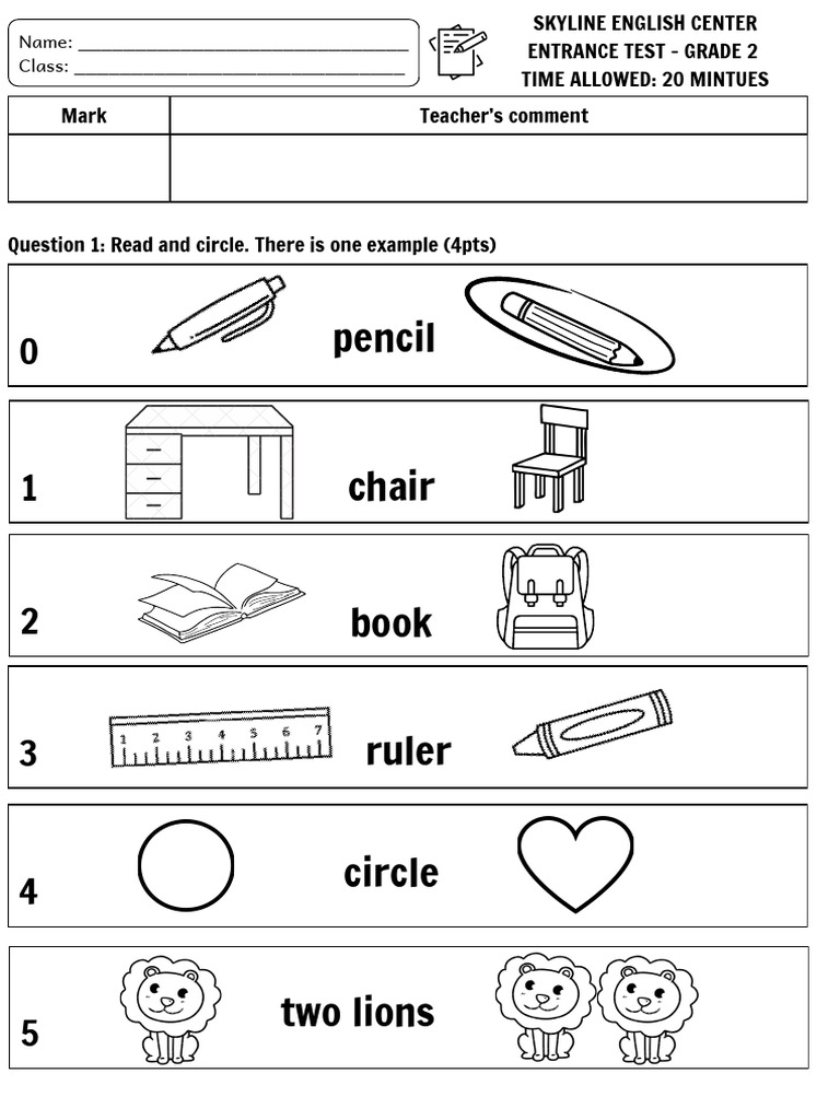 Grade 2 - Entrance Test | PDF
