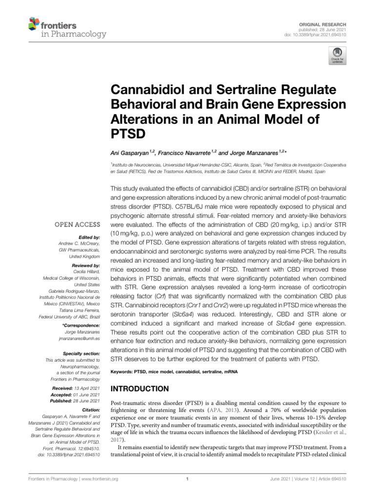 2021 - Cannabidiol and Sertraline Regulate Behavioral and Brain Gene ...
