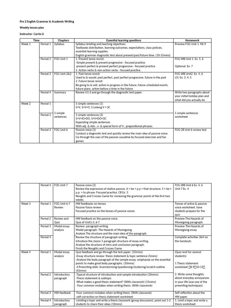 Fall - Pre2 English AWG Class 2 Weekly Planner | PDF | Clause | Adjective