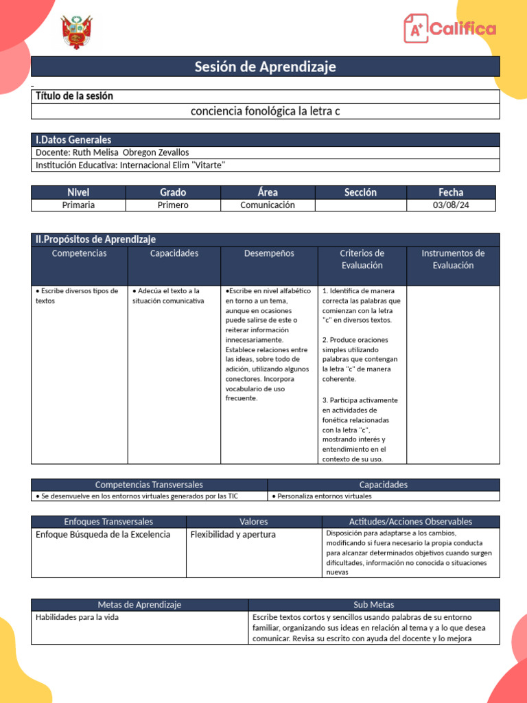 Conciencia Fonológica: Letra C en Primaria | PDF | Aprendizaje | Evaluación