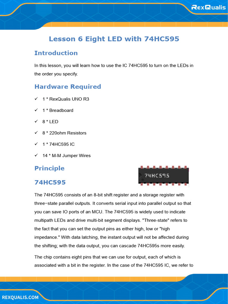 Lesson 6 Eight LED With 74HC595 | PDF | Arduino | Electronic Engineering