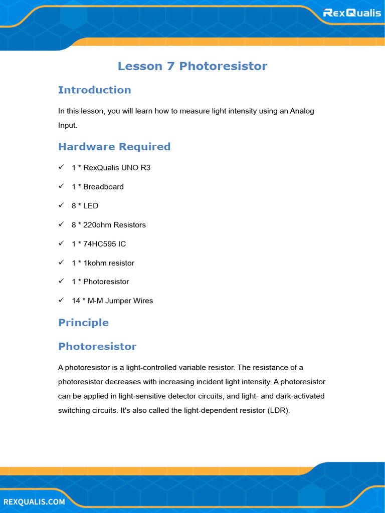 Lesson 7 Photoresistor | PDF | Arduino | Resistor Lesson 7 Photoresistor | PDF | Arduino | Resistor