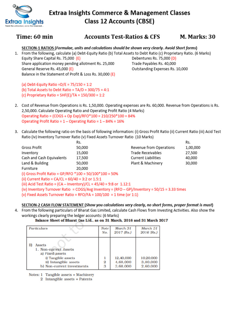 Class 12 Accounts Test: Ratios & CFS | PDF | Depreciation | Revenue