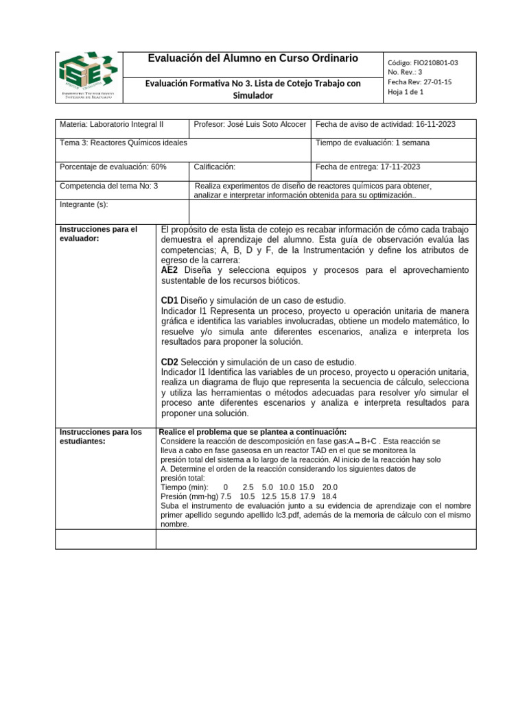 Lista de Cotejo Trabajo Simulador 3 | PDF | Evaluación | Simulación