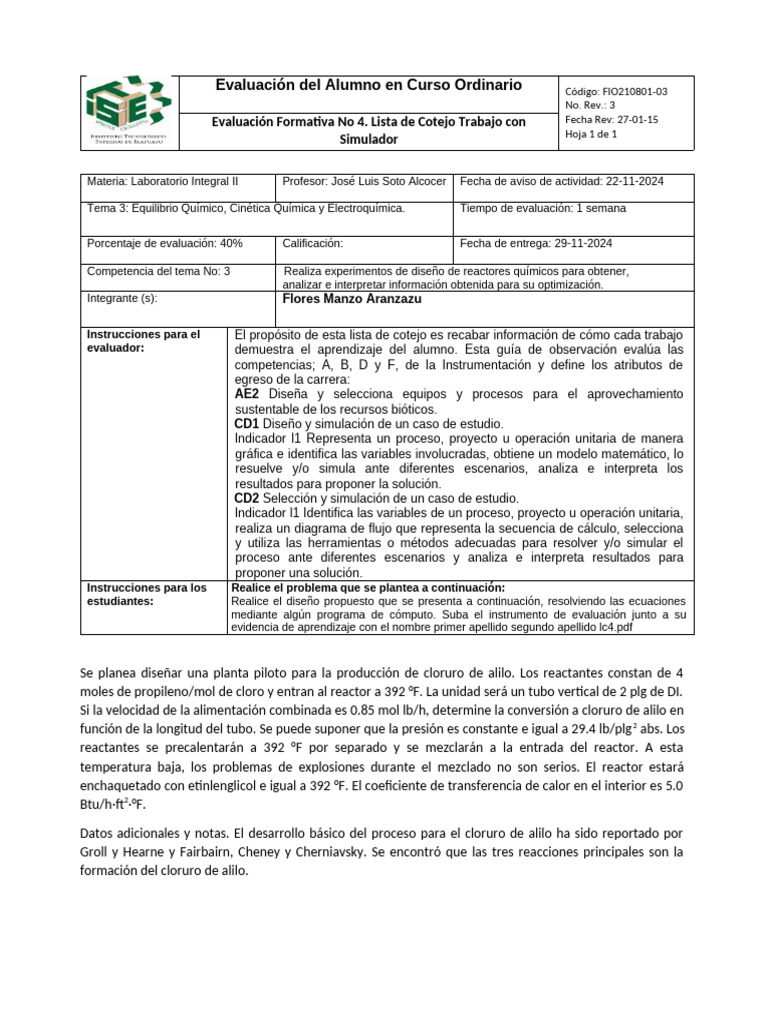 Lista de Cotejo Trabajo Simulador 4 | PDF | Reactor Quimico | Simulación