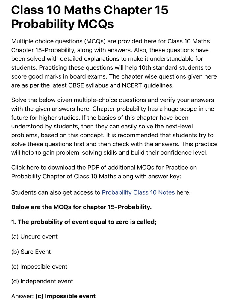 Class 10 Maths Chapter 15 Probability MCQs (With Answers) Download PDF ...