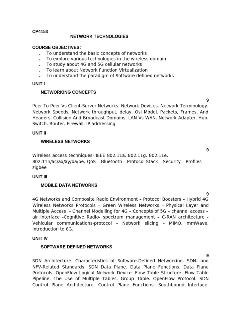 CP4153 - Networktechnologies Syllabus | PDF | Computer Network | Ieee 802.11