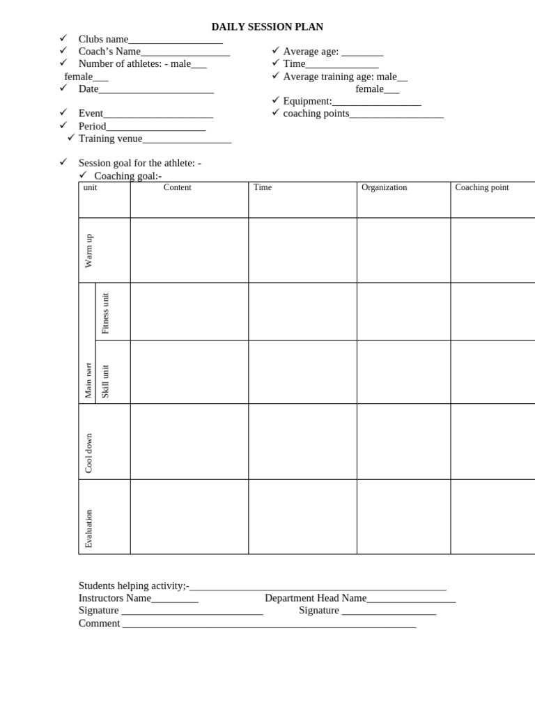 Daily Training Session Plan Template | PDF