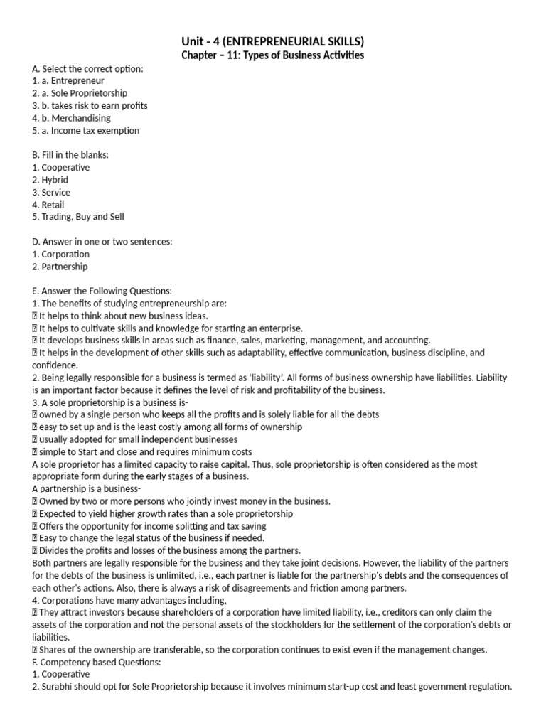 Ai Class 9 Part A Unit 3 Ict Skills Answer Key | PDF | Partnership | Sole Proprietorship