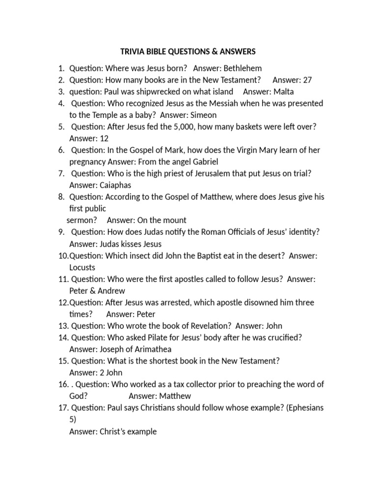 Trivia Bible Questions | PDF | Jesus | Ten Commandments