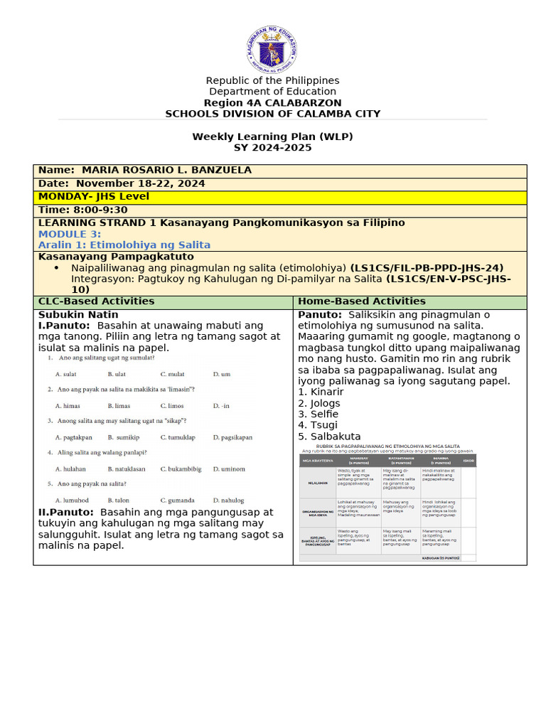 Weekly Learning Plan for JHS Students | PDF | Atmosphere Of Earth ...