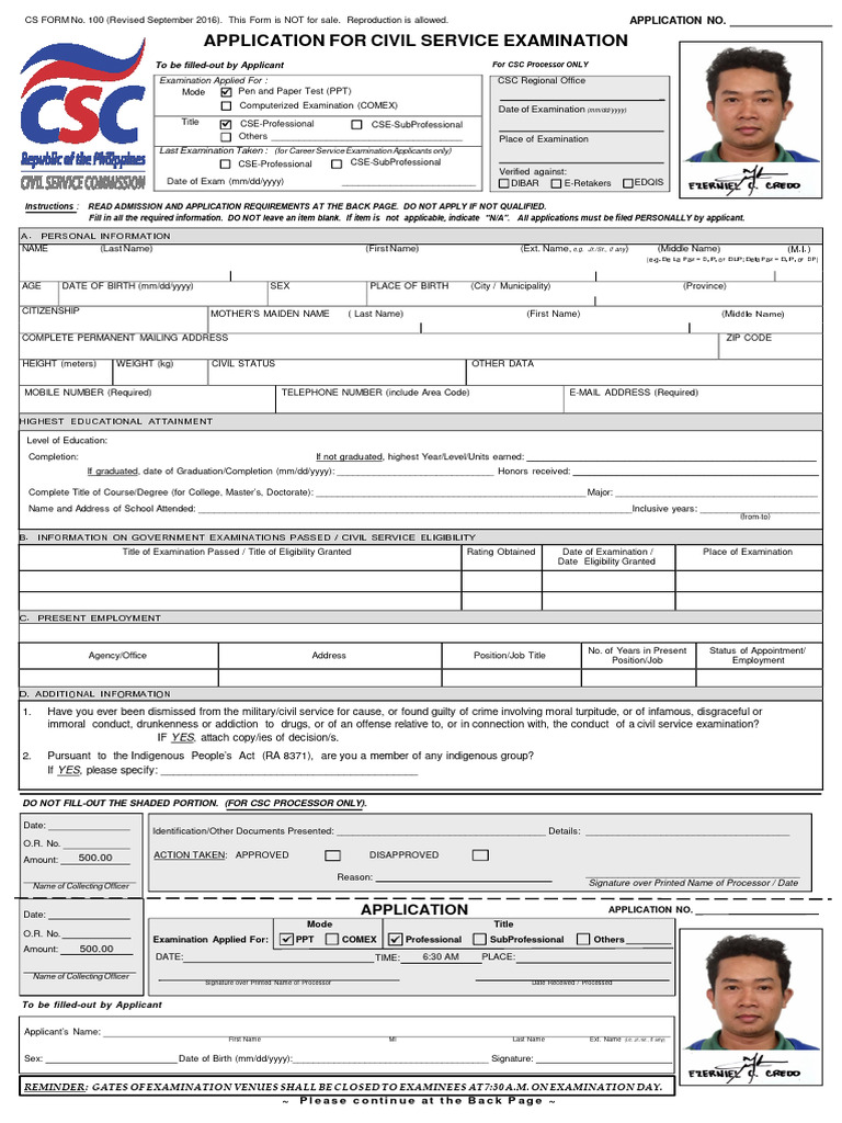 Civil Service Exam Application Form | PDF | Identity Document
