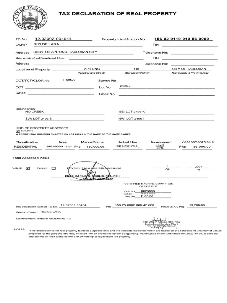 Tacloban Property Tax Declaration | PDF