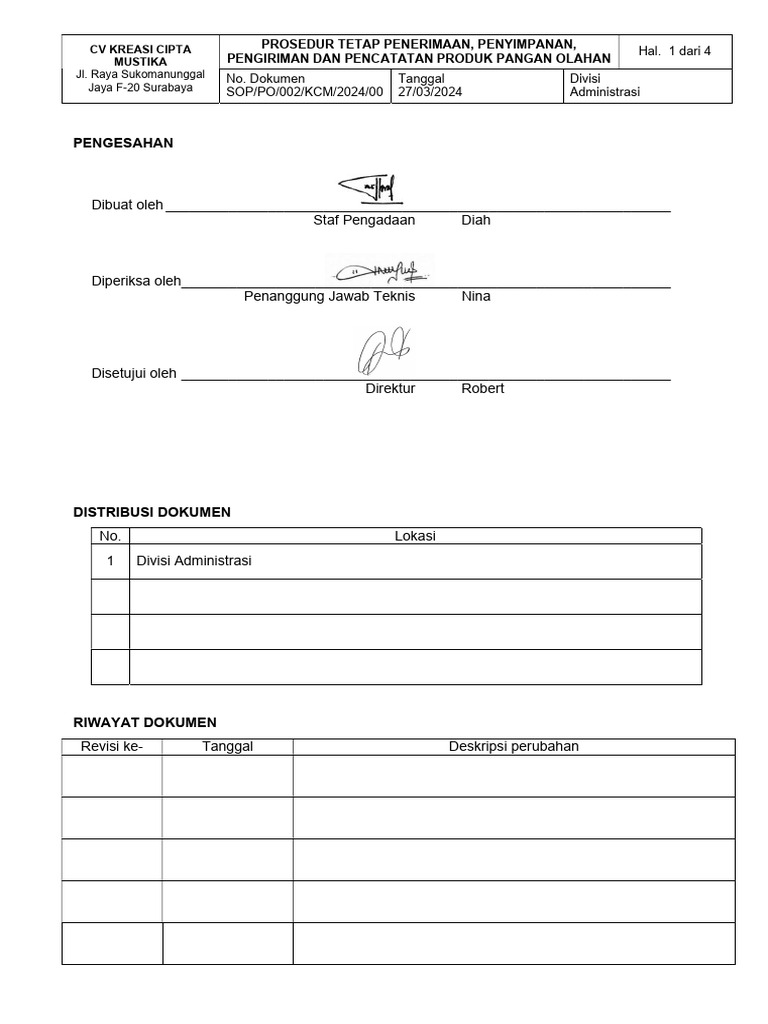 PO 002-Protap Penerimaan, Penyimpanan, Pengiriman Dan Pencatatan Pangan Olahan | PDF