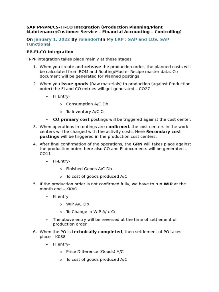 Sap Fi PP Integration | PDF | Cost