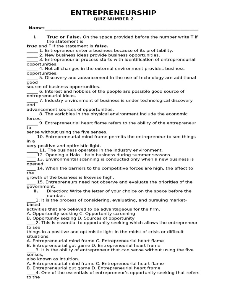 Quiz Number 2 | PDF | Entrepreneurship | Business Economics