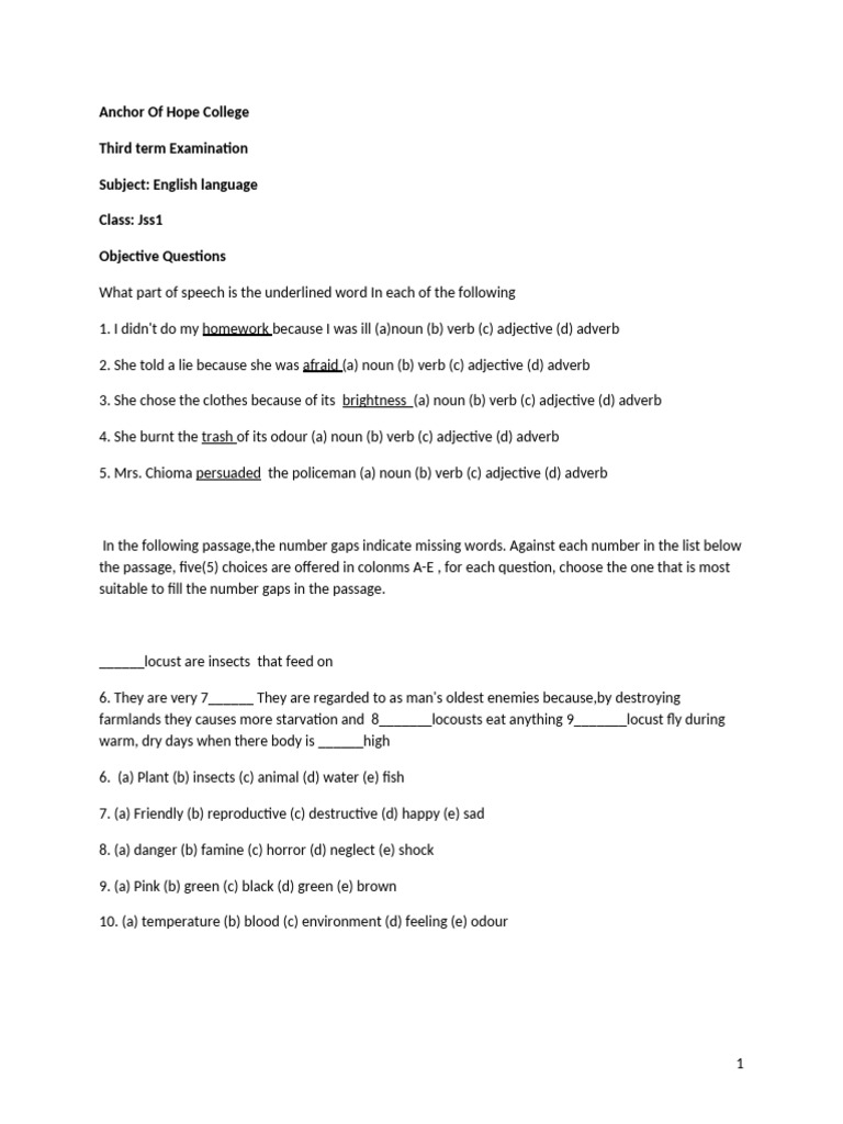 Jss1 Third Term English Exam | PDF | Verb | Adverb