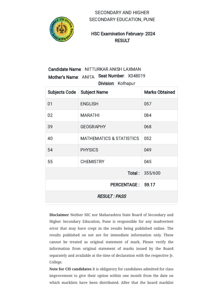 12th Result Sheet | PDF
